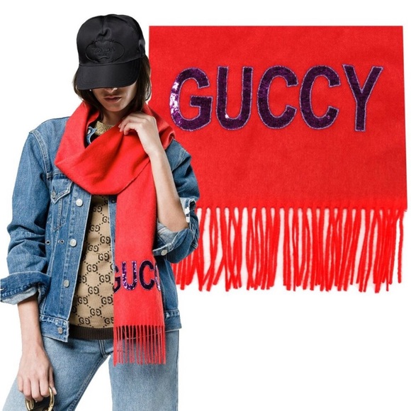 Gucci | Accessories | Gucci Scarf Red Guccy Sequin Cashmere Silk Blend ...